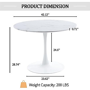 ANDORON Round Dining Table, 32 Inches Kitchen Tulip Table for 2-4 People with MDF Top and Metal Base, Modern Small Space Room Circle Table, End Table Leisure Coffee Side Table (White, 42" - Marble)