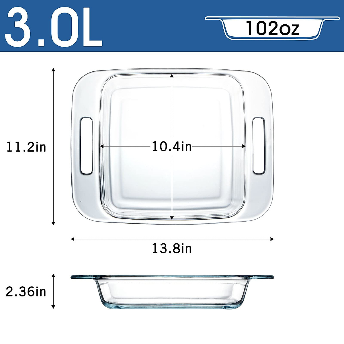 10in x 10in (3L-102 oz) Square Glass Baking Dish for Oven, Easy Grab Glass Baking Pan Oven Safe, Clear Microwave Oven Safe Glass Casserole Dish