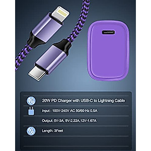 Power Delivery 20W Type USB C Quick Charging Wall Charger Adapter with 3FT Type-C to Lightning Cable for iPhone 14/14 Plus/14Pro/14 Pro Max/13/13Pro/13 Pro Max/12/12Pro/12 Pro Max/11/11 Pro Max-Purple