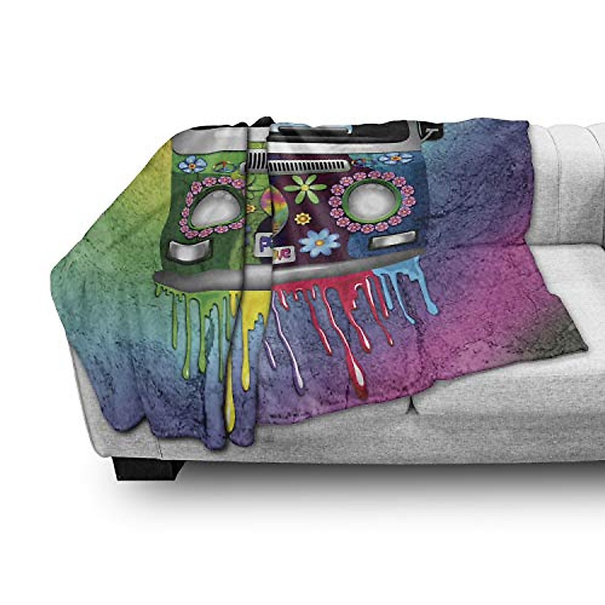 Ambesonne Groovy Throw Blanket, Old Style Hippie Van Dripping Rainbow Paint Mid 60s Youth Revolution Movement Theme, Flannel Fleece Accent Piece Soft Couch Cover for Adults, 70" x 90", Magenta