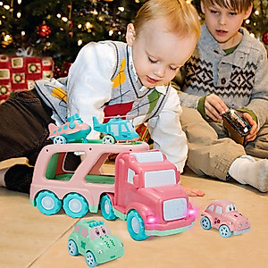 SHCKE Cartoon Pink Toy Cars for Girls, 5 in 1 Friction Powered Pink Truck Toy for Toddlers, Macaron Car/Airplane/Helicopter, Perfect Toddler Car Toy for Girls