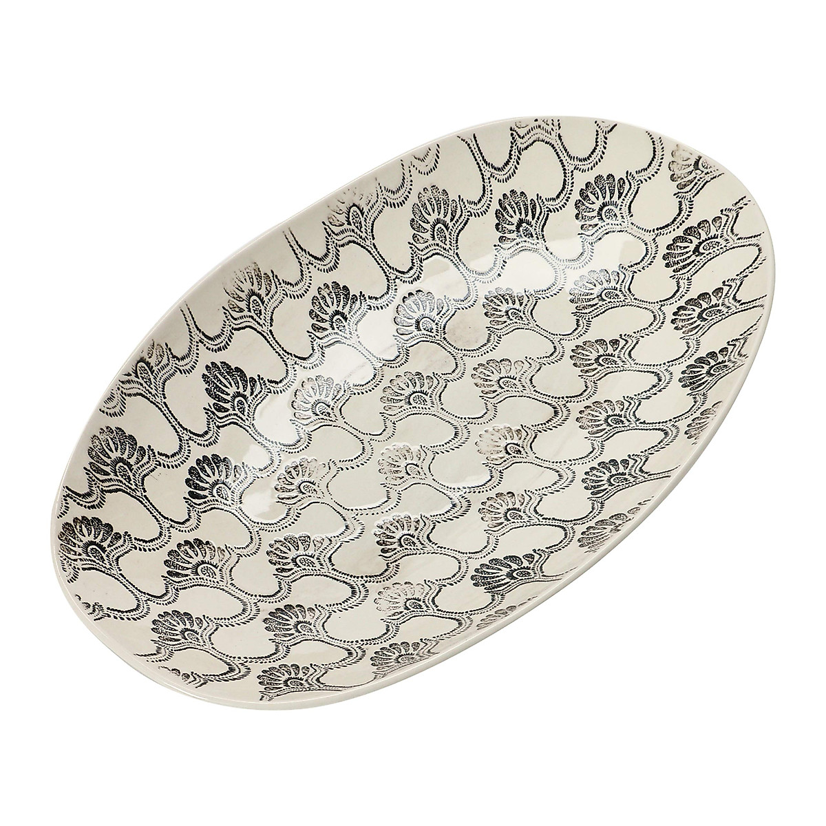 Creative Co-Op Hand-Stamped Stoneware Serving Bowl with Embossed Pattern, Black & Cream Color
