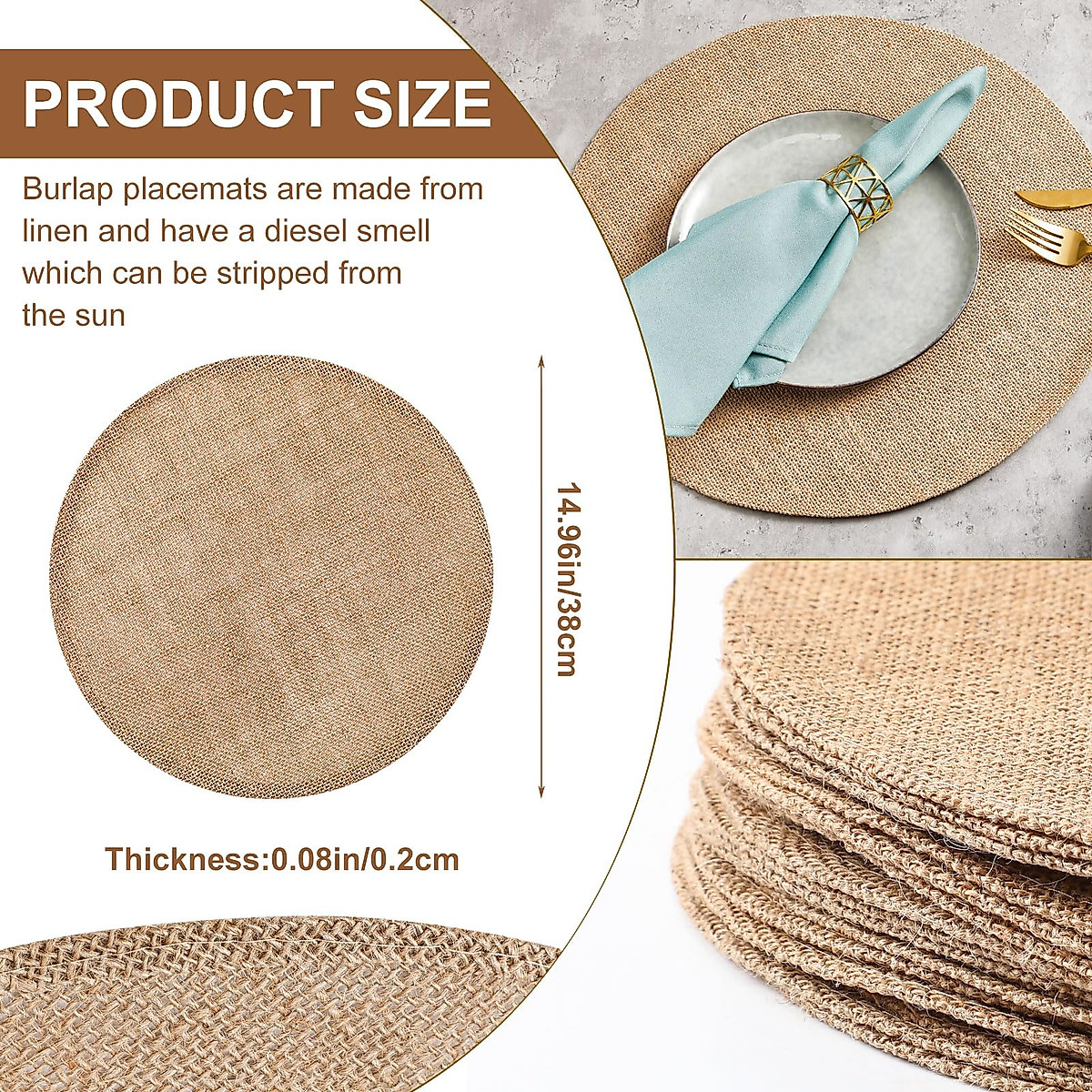 Yunlly Set of 48 Burlap Round Placemats Bulk Burlap Circle Rustic Table Decorations Jute Farmhouse Placemats Heat Resistant Round Table Mats Charger Place Mats for Wedding Dining(Brown, 15 in)
