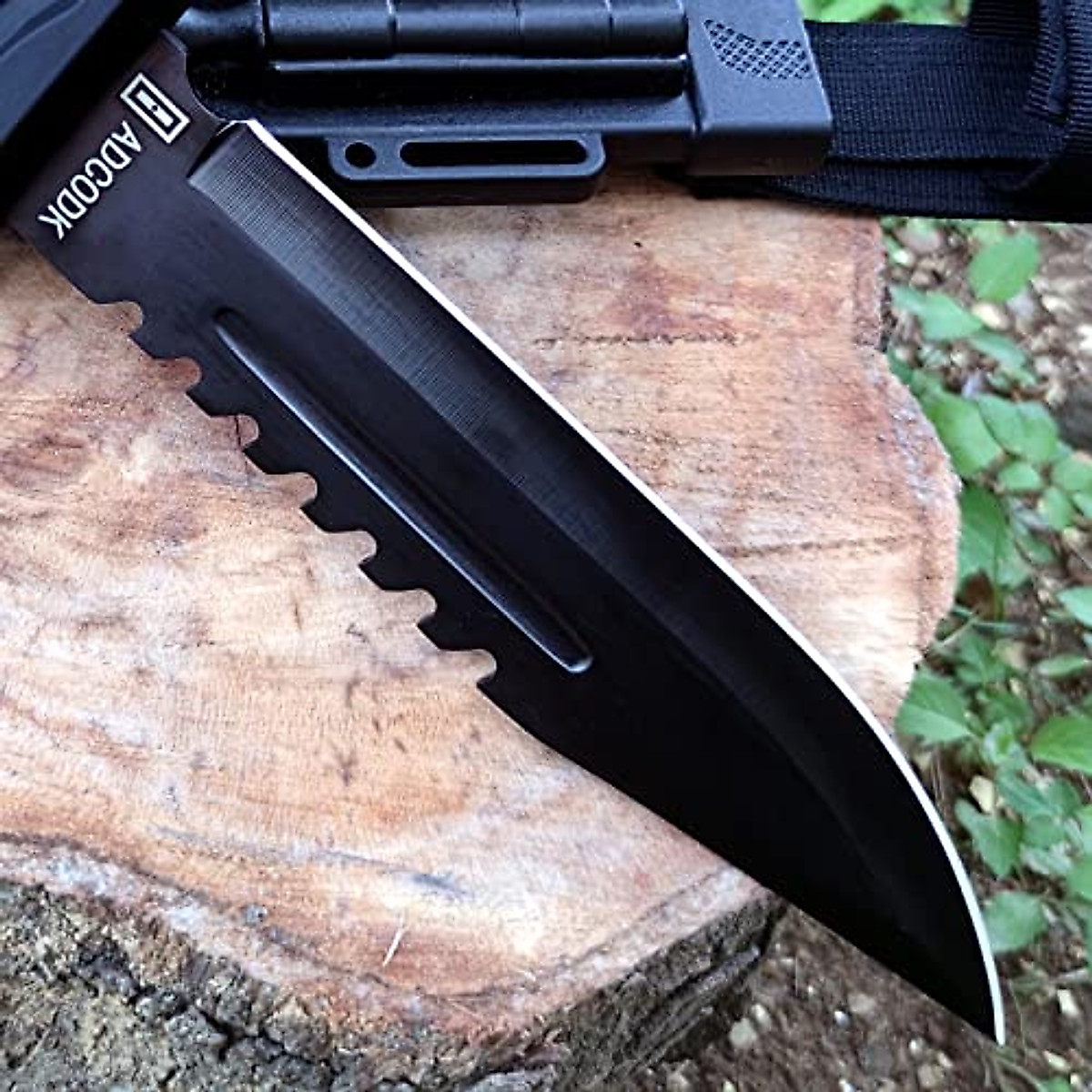 ADCODK Tactical Bowie Knife with Sheath Fixed Blade Survival Hunting Knives with Non-Slip Handle and Sharpener & Fire Starter for Camping Outdoor Adventure