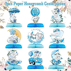 PHIAMOLY 9 Pcs Floral Elephant Honeycomb Centerpiece Blue Elephant Table Decorations Its a Boy Baby Shower Decorations Eelephant Theme Birthday Party Supplies