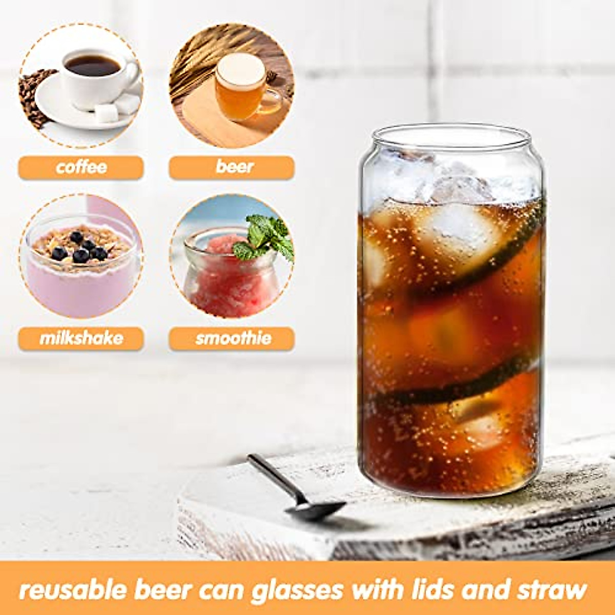 BESTBEL 4 Pack Drinking Glasses with Bamboo Lids and Glass Straws,20 OZ Can Shaped Glass Cups,Beer Can Glass,Ice Coffee Cups,Smoothie Cups,Glass Tumblers,Boba Cups,Soda Can Glass with Lids and Straws