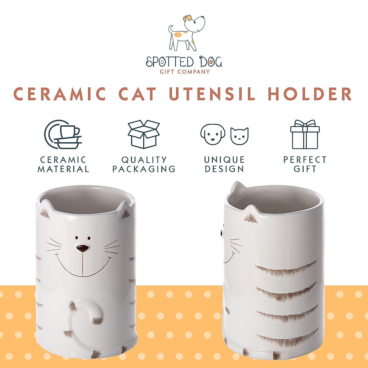 SPOTTED DOG GIFT COMPANY Ceramic Utensil Holder for Kitchen Counter, Utensil Crock for Countertop, Decorative Cat Themed Home Kitchen Decor Accessories, Gifts Cat Lovers, White 4.3" x 6.3"
