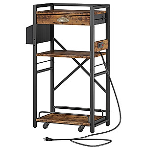 Homeiju 3-Tier Printer Stand with Storage Drawer,Large Tall Printer Table with Power Outlet,Side Pocket and Adjustable Shelf for Home Office,Stand Cart for Computer PC Tower CPU Shredder,Rustic Brown