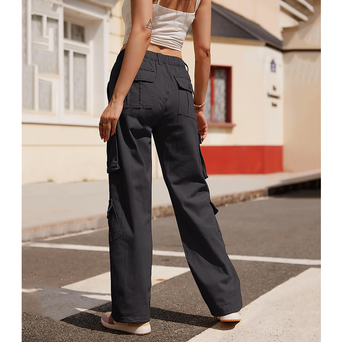 ZMPSIISA Women Pants High Waisted Cargo Pants Combat Military Wide Leg Casual Trousers 8 Pockets(Gray,Large)