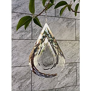 Wind Spinner Flowing-Light Effect Courtyard Decorations Made of Stainless Steel House Hanging Decoration 12“x 8“ Spinners with a 360° Rotating Hook (1 pc Water Drop-Silver)