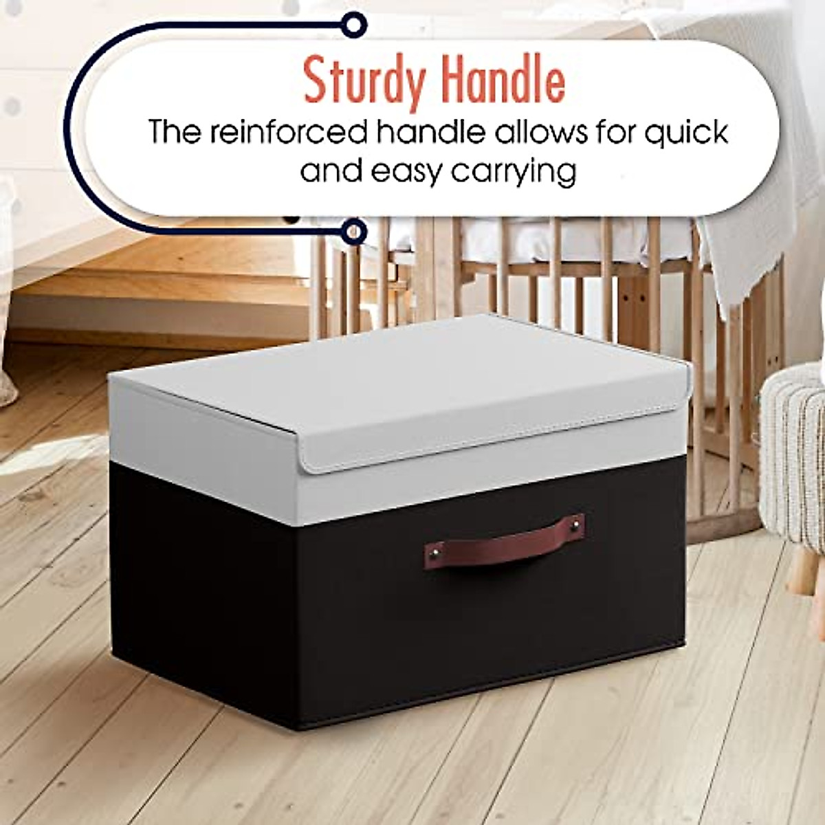 Ornavo Home 3 Pack Collapsible Storage Bins with Lid, Foldable Linen Fabric Shelf Storage Basket Closet Organizer and Large Storage Box for Clothes with Leather Handles, 15 x 10 x 9, White/Black