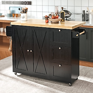 IRONCK Rolling Kitchen Island Cart with Drop-Leaf Countertop, Barn 3Drawers, Barn Door Style Cabine,Thicker Rubberwood Top, Spice Rack, on Wheels, for Kitchen and Dining Room, Black