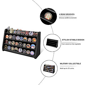 ASmileIndeep 4 Rows Wooden Military Challenge Coin Display Case Wall Mount - Army Coin Collectibles Holder Display Stand Rack, Black