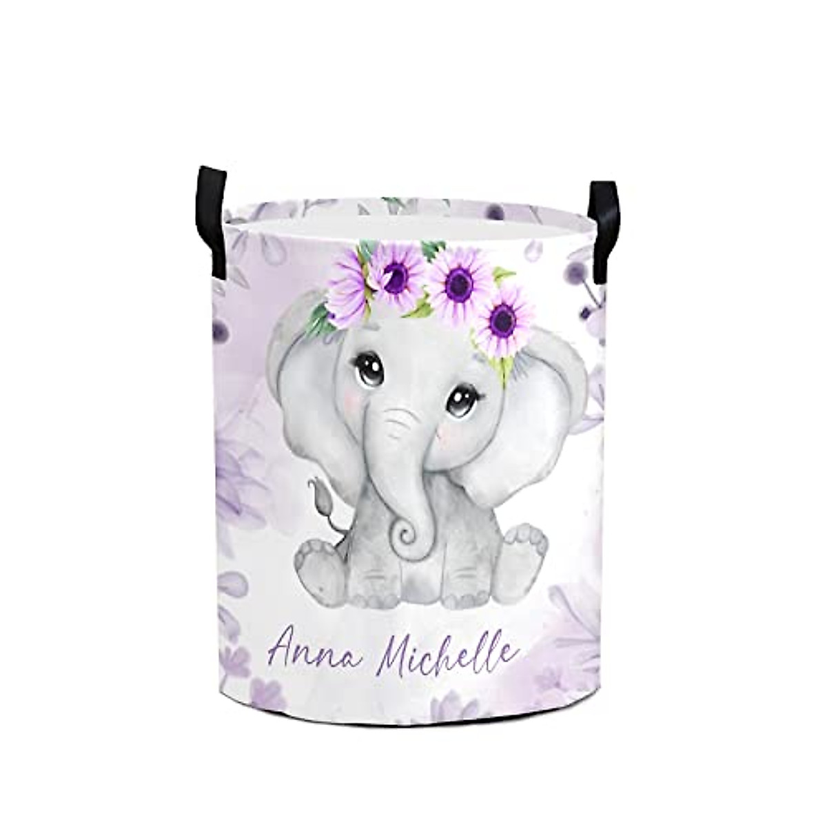 Personalized Laundry Basket, Floral Purple Elephant Custom Storage Bins Laundry Hamper with Name Collapsible Toys Organizer Gift