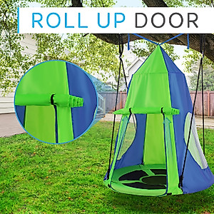 SereneLife 40" Kids Hanging Tent Swing, Outdoor Saucer Swing with Rope Straps (Green), Large