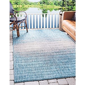 Unique Loom Outdoor Modern Collection Area Rug - Ombre (5' 3" x 8' Rectangle, Aqua/ Ivory)