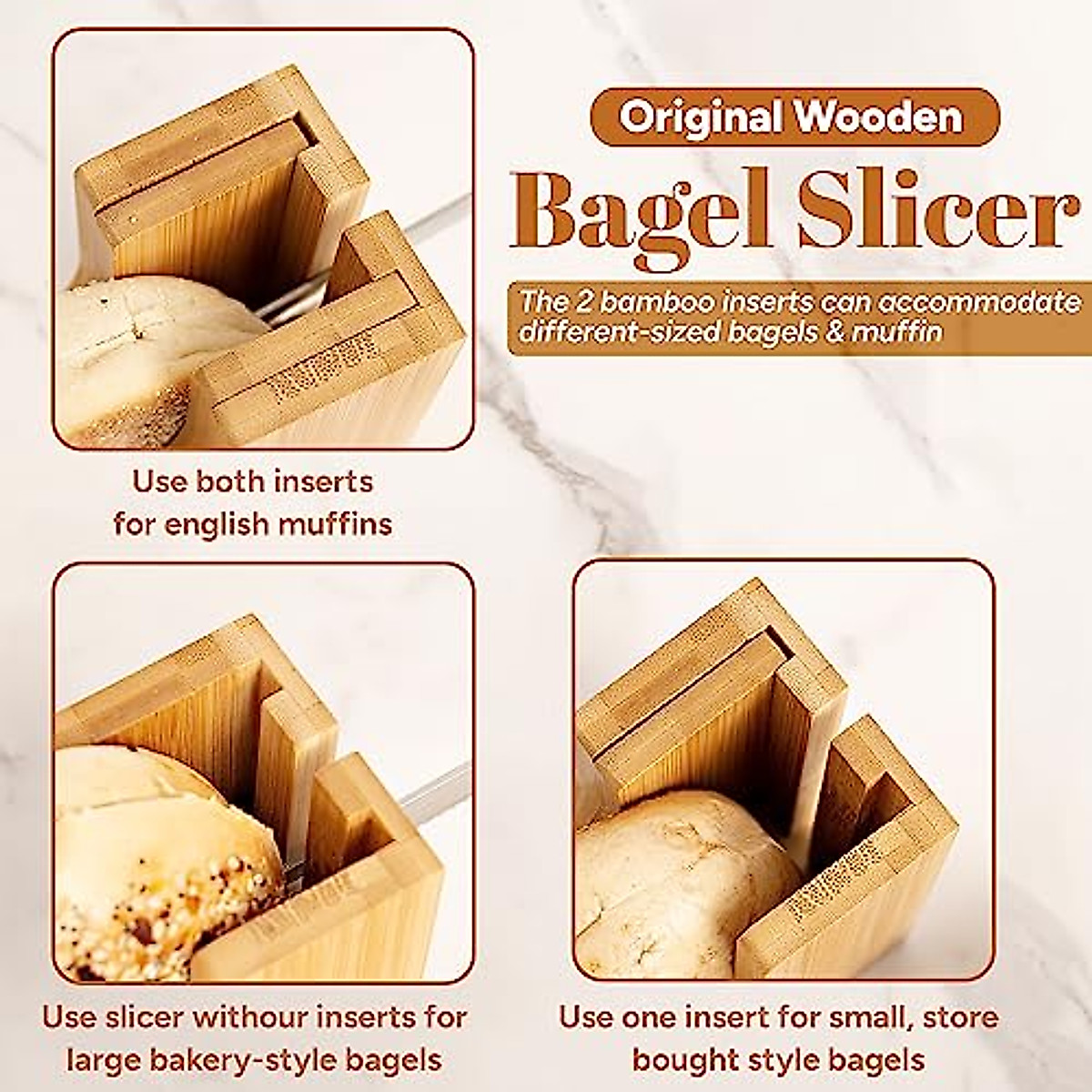 Bagel Slicer for Small and Large Bagels - Adjustable Bagel Cutter Slicer - Bamboo Muffin Slicer w/Minimalist Design - Easy to Use English Muffin & Mini Bagel Bamboo Bread Slicer