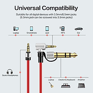 Replacement Red Aux Auxiliary Pro and Detox Edition Cable Wire Cord for Monster Solo Beats Studio Headphones by Dr Dre Solo Studio Solohd Headphones Cable