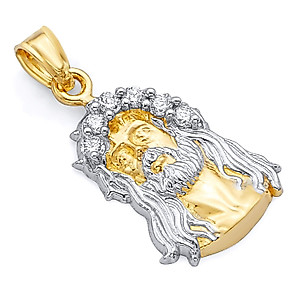 14k REAL Two Tone Gold CZ Religious Jesus Head Charm Pendnat