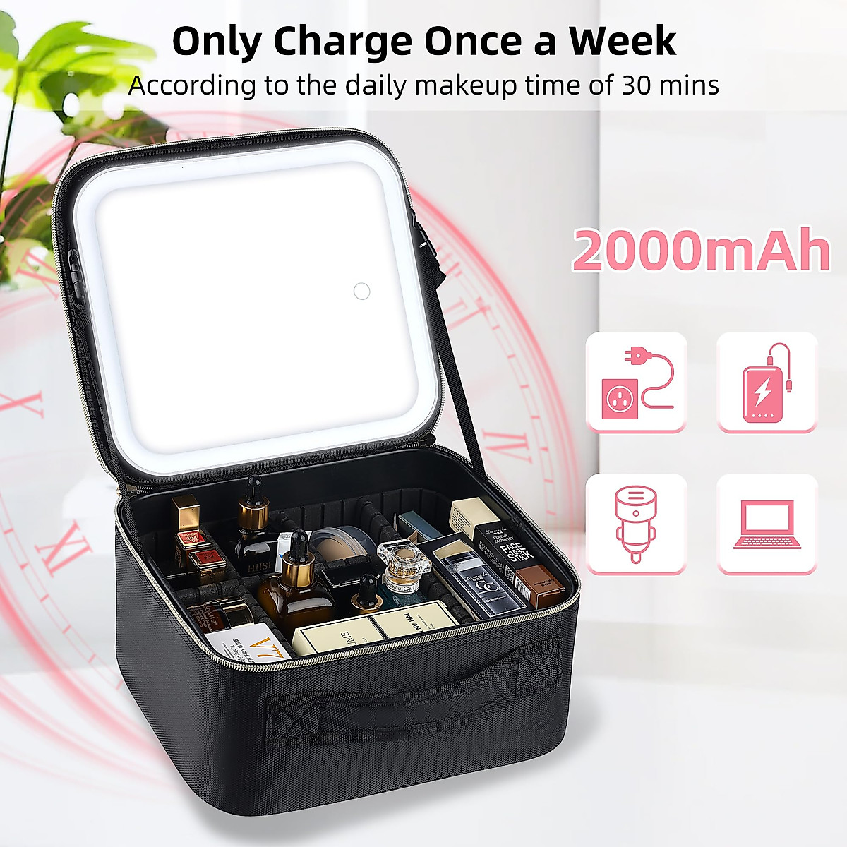 ZhenGuiRu Makeup Bag with LED Mirror, Portable Makeup Artist Organizer Case with Lighted Mirror, Travel Makeup Bag for Cosmetic Brush Holder Storage, White Makeup Bag Gift for Women