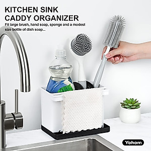 YOHOM Kitchen Sink Caddy Sponge Holder Organizer Brush Holder 2-in-1 Sinkware Caddy with Sink Drain Tray for Kitchen Dish Sponge Holder with 4 Adjustable Divider