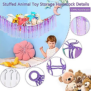 Stuffed Animal Hammock, Stuffed Animal Storage Net, Hanging Plush Net Hammock for Dolls, Toy Hammock Holder Boho Wall Corner Hammock Organizer inc Hooks, Stuffed Animal Toy Bags & Nets (Purple)