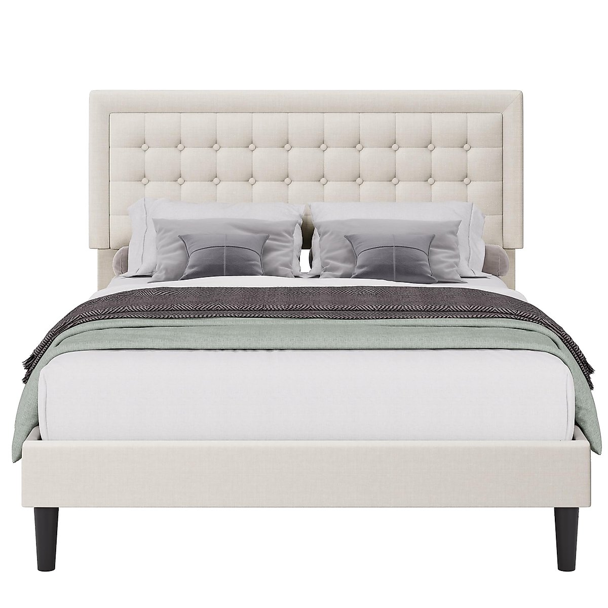 Keyluv Full Size Bed Frame with Button Tufted Headboard, Modern Fabric Upholstered Platform Bed Frame, Strong Wooden Slats Support, No Box Spring Needed, Beige
