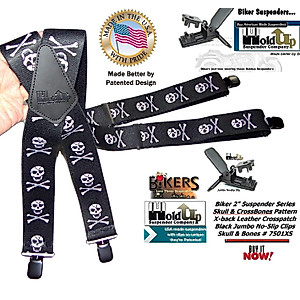 Holdup Suspender Company 2" wide Biker Skull & Crossbones Suspenders for Men with Patented Jumbo black metal no-slip Clips