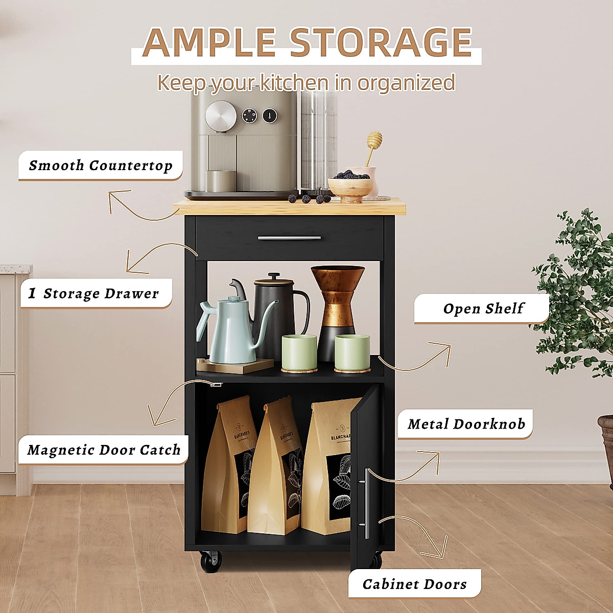 Shintenchi Kitchen Island Cart with Storage,Rolling Kitchen Island Side Table on Wheels with Worktop,Single Door Storage Cabinet and Drawer for Kitchen,Dinning Room, Black