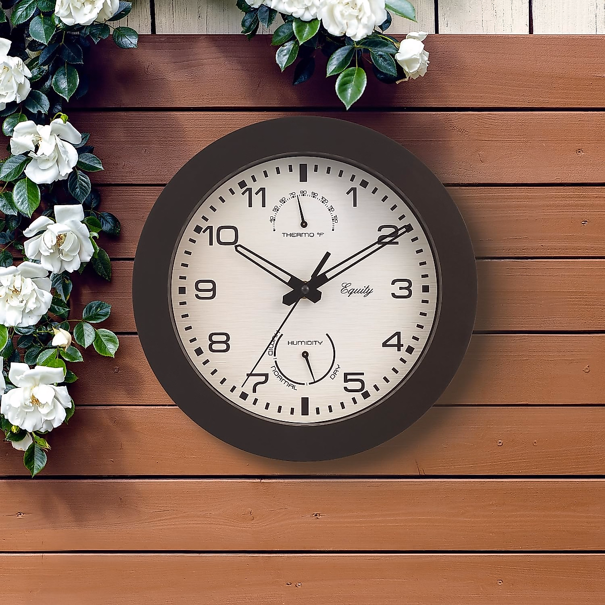 Equity by La Crosse 10 Inch IN/OUT Brown Wall Clock with Thermometer and Hygrometer (29005)