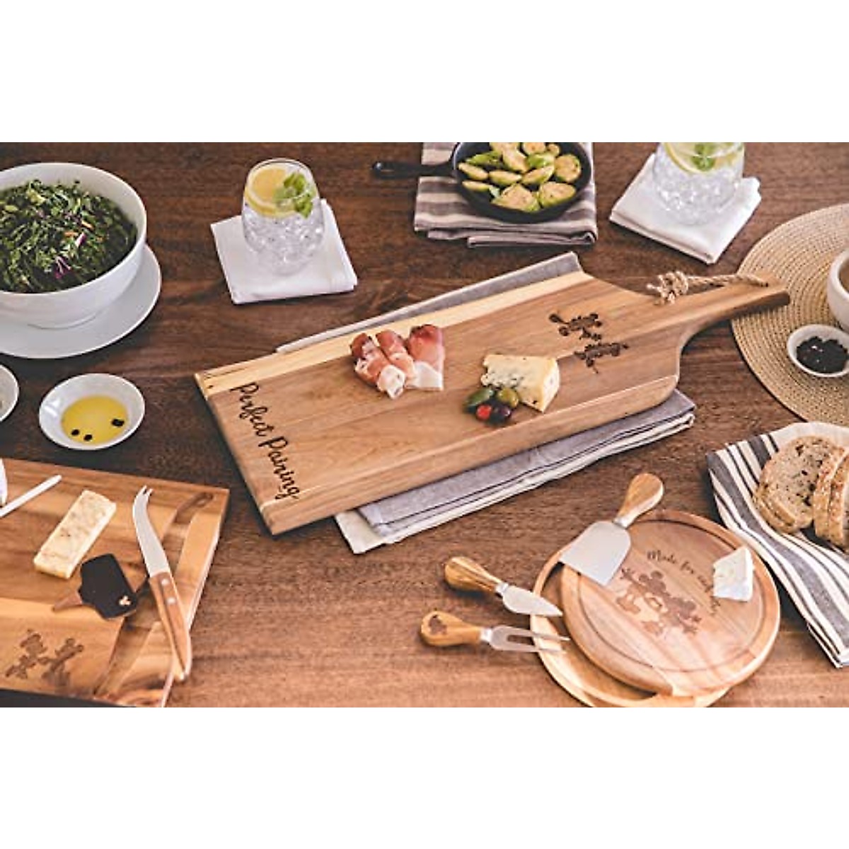 PICNIC TIME Disney Mickey Mouse & Minnie Mouse Artisan 24" Acacia Charcuterie Board with Raw Wood Edge, Cheese Board, Serving Platter, (Acacia Wood)