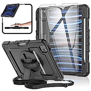 iPad Pro 11 Case, iPad Air 5th/4th Gen Case 2022/2020 with [Tempered Glass Screen Protector], [Kid Proof] BASE MALL Tablet Protective Case, Pencil Holder,Rotating Kickstand,Hand/Shoulder Strap (Black)