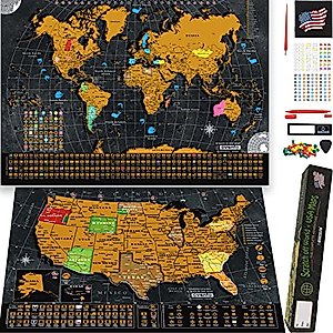 Scratch Off World Map Poster - 17x24 inches - Bonus United States Map. Detailed outlined States, flags/capitals/populations/landmarks/monuments/time zones; full Accessories Set & Name-tag Gift Box