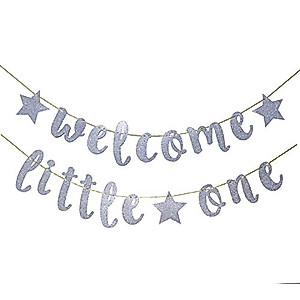 Welcome Little One Glitter Banner, Baby Shower, Gender Reveal Party, Glitter Party Decor (Silver)
