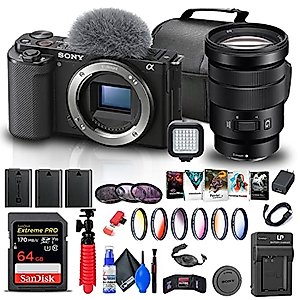 Sony ZV-E10 Mirrorless Camera (Body Only, Black) (ILCZV-E10/B) + Sony 18-105mm Lens + 64GB Card + Color Filter Kit + Filter Kit + Corel Photo Software + Bag + 2 x NPF-W50 Battery + More (Renewed)