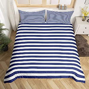 Erosebridal Navy Blue Stripe Duvet Cover King Size White Geometric Ticking Stripes Comforter Cover Farmhouse Horizontal Stripes Gothic Home Decor Quilt Cover Modern Abstract Striped Bedding Set