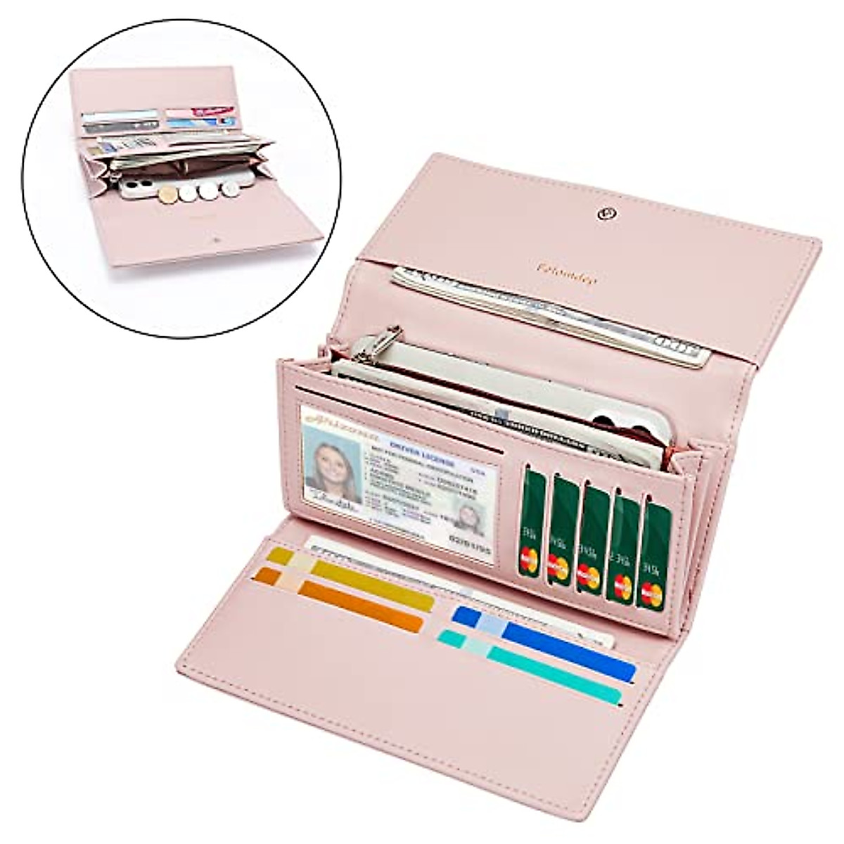 Felomdep Womens Wallet Medium Size Trifold Rfid Blocking Soft PU Leather Large Capacity Long Pink Shopping Wallet For Lady Travel Document Accessories Holder For Passport,Credit Card,Vaccine Card etc