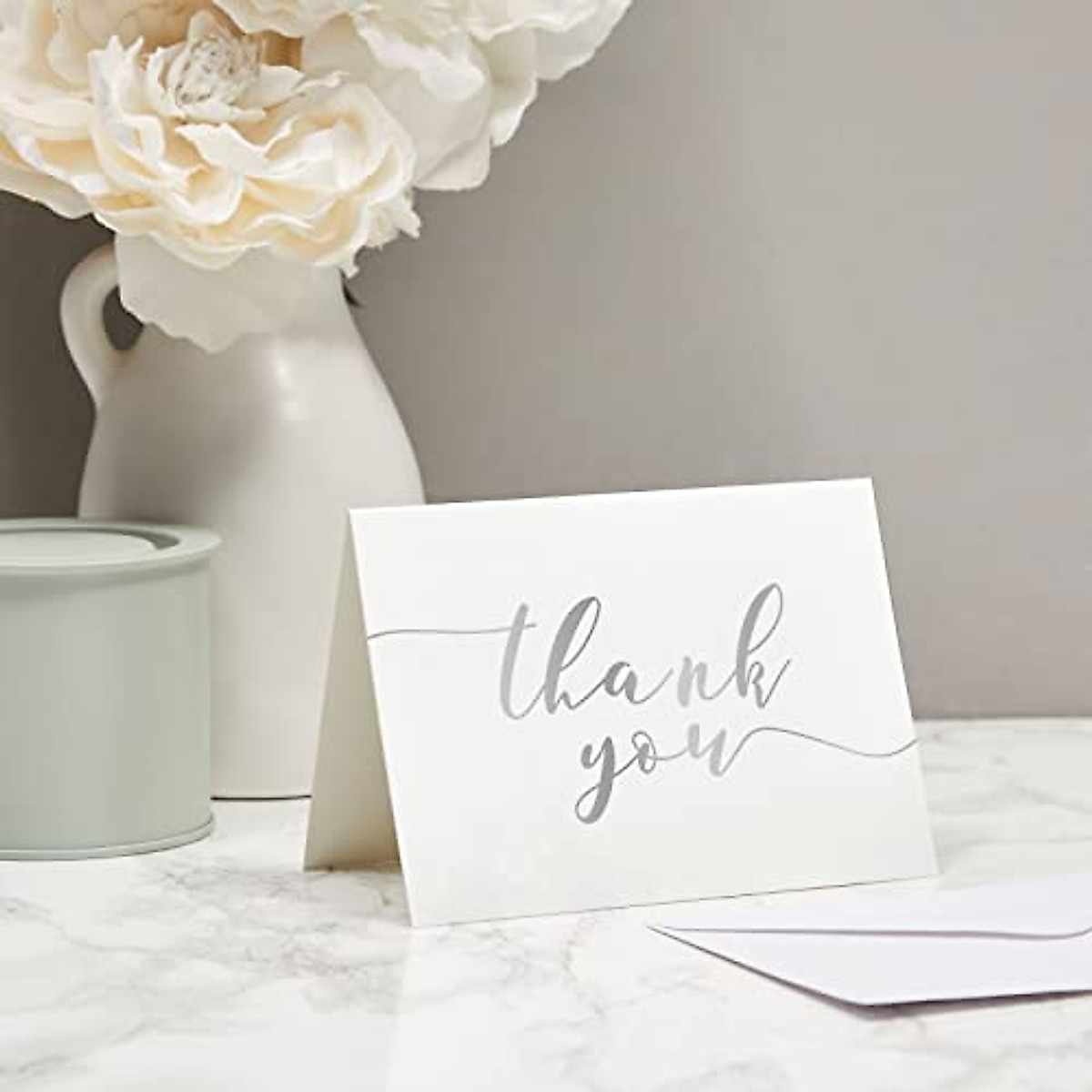 Sustainable Greetings 120 Pack Blank Thank You Cards with Envelopes, Silver Foil for Wedding, Bridal, Baby Shower, Graduation, Business (3.6 x 5 In)