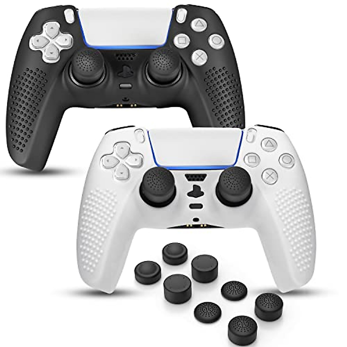 FAMOMI PS5 Controller Skin, Anti-Slip Soft Silicone Protective Cover Case for Playstation 5 Dualsense Controller Grip Accessories, 2 Pack with 8 x Thumb Grip Caps (Black&White)