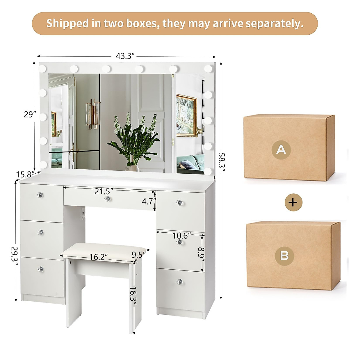 SMOOL Vanity with Lighted Mirror, Makeup Vanity Desk with Power Outlet and LED Bulbs, 3 Color Lighting Modes Adjustable Brightness, 7 Drawers Vanity Table with Cushioned Stool for Women Girls, 44'' L