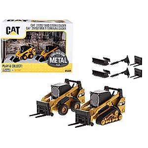 Set of 2 Pieces CAT Caterpillar 272D2 Skid Steer Loader and CAT Caterpillar 297D2 Multi Terrain Track Loader with Accessories 1/64 Diecast Models by Diecast Masters 85609
