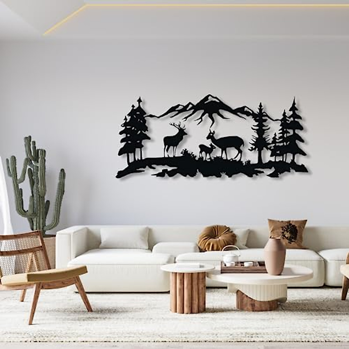 fayholy Metal Wall Art - Metal Deer Family art, Metal Wall Decor, Wildlife Lover Gift, Tree Mountain Decoration, Wall Hangings, Nature Wall Art (Silver, 24"x10" | 60x26 cm)