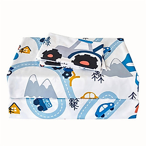 RYNGHIPY Kids Twin Bed Sheets: Cars Print Sheets Set for Boys - Breathable Wrinkle Free Microfiber Flat Sheet Fitted Sheet and Pillowcase (White,Twin)