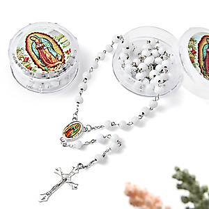 Brilucky 24 PCS White Rosary Beads Bulk For Baptism Favors,Lady Guadalupe Rosarios Catolicos First Communion Favors For Guests,Rosary Beads Necklace Gifts For Christian Baby Shower Quinceanera Party