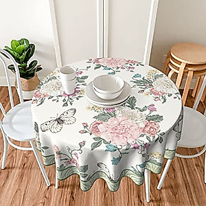 Round Tablecloth 60 Inch, Spring Floral Butterfly Green White Table Cloth for Rustic Farmhouse Kitchen Decor, Waterproof Wipeable Polyester Fabric Table Cover for Holiday Party Outdoor Camping Picnic