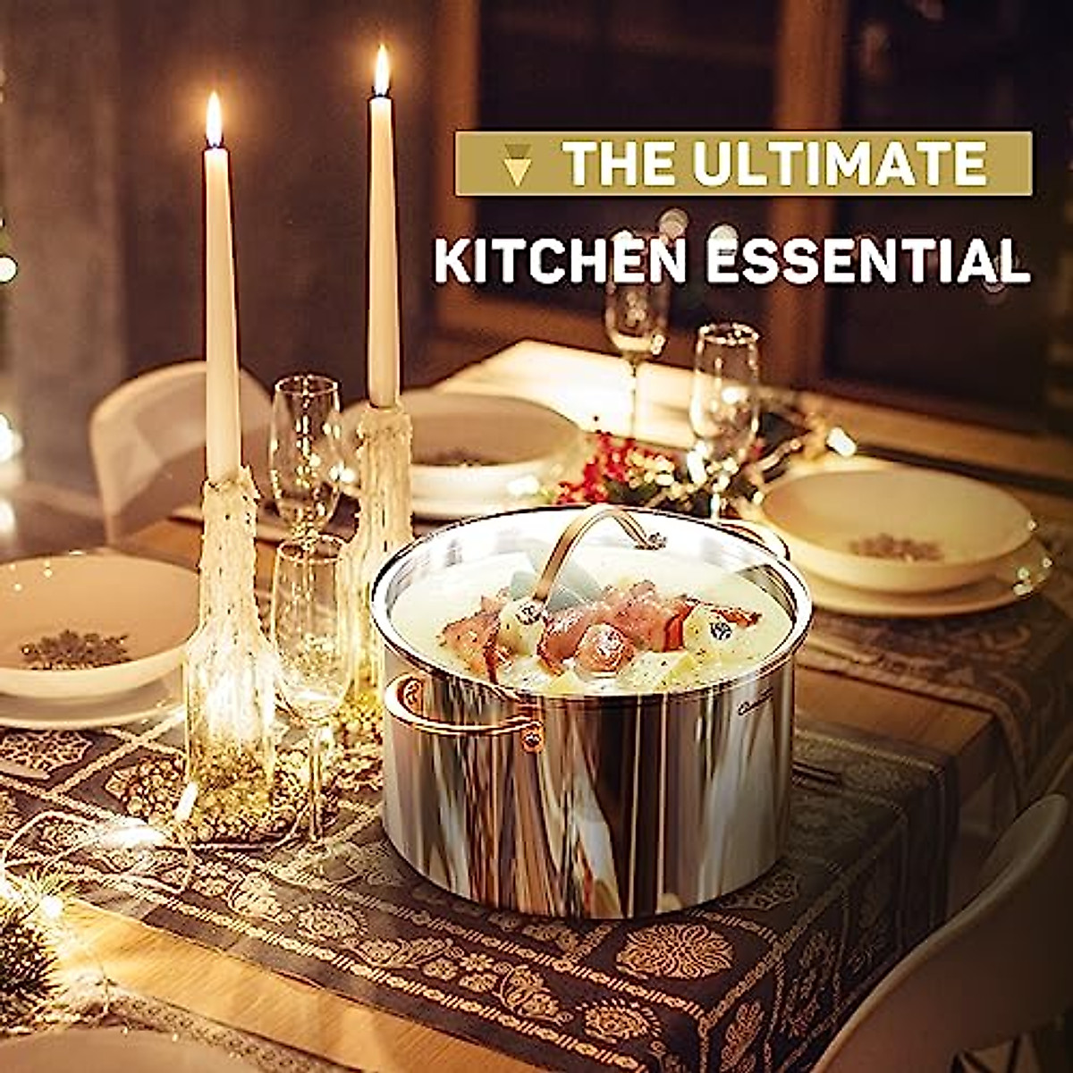 Ciwete 8 Quart Stock Pot, 18/10 Tri-Ply Stainless Steel Whole Clad Stock Pot with Lid, Integrated Process, 8 QT Soup Pot with Copper Handle, Induction Stockpot, Oven, Gas, Dishwasher Safe