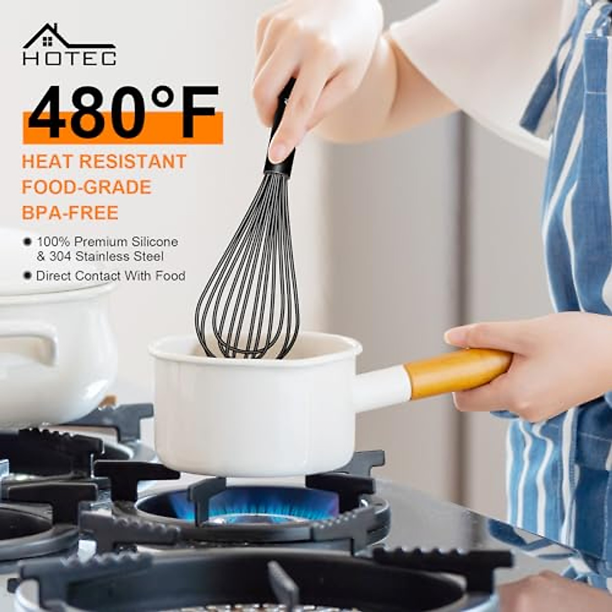 HOTEC 4 Pieces Silicone Whisks Set, Wire Balloon Whisks Egg Beater, Non-slip Handle Whisk for Non-stick Cookware Perfect for Cooking, Stirring, Beating and Blending (Black)