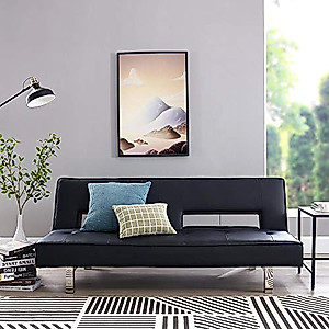 Astrid Futon Sofa Bed Faux Leather Futon Couch Modern Convertible Folding Sofa/Bed Couch with Chrome Legs Reclining Mini Coach Leather Futons Small Couch for Bedroom Living Rooms, Office - Black