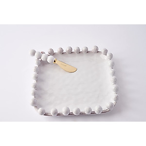 Mud Pie Beaded Boxed Cheese Set, plate 9" x 9" | spreader 6 1/2", White