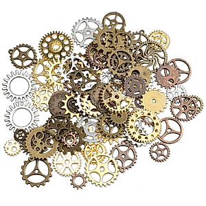 Hicarer 300 Gram Antique Steampunk Gear, DIY Assorted Mix Steampunk Wheel Alloy Cog Gear Pendants Charms Metal Watches Clocks Skull Charms for Crafting Jewelry Making Decor (Simple Style)